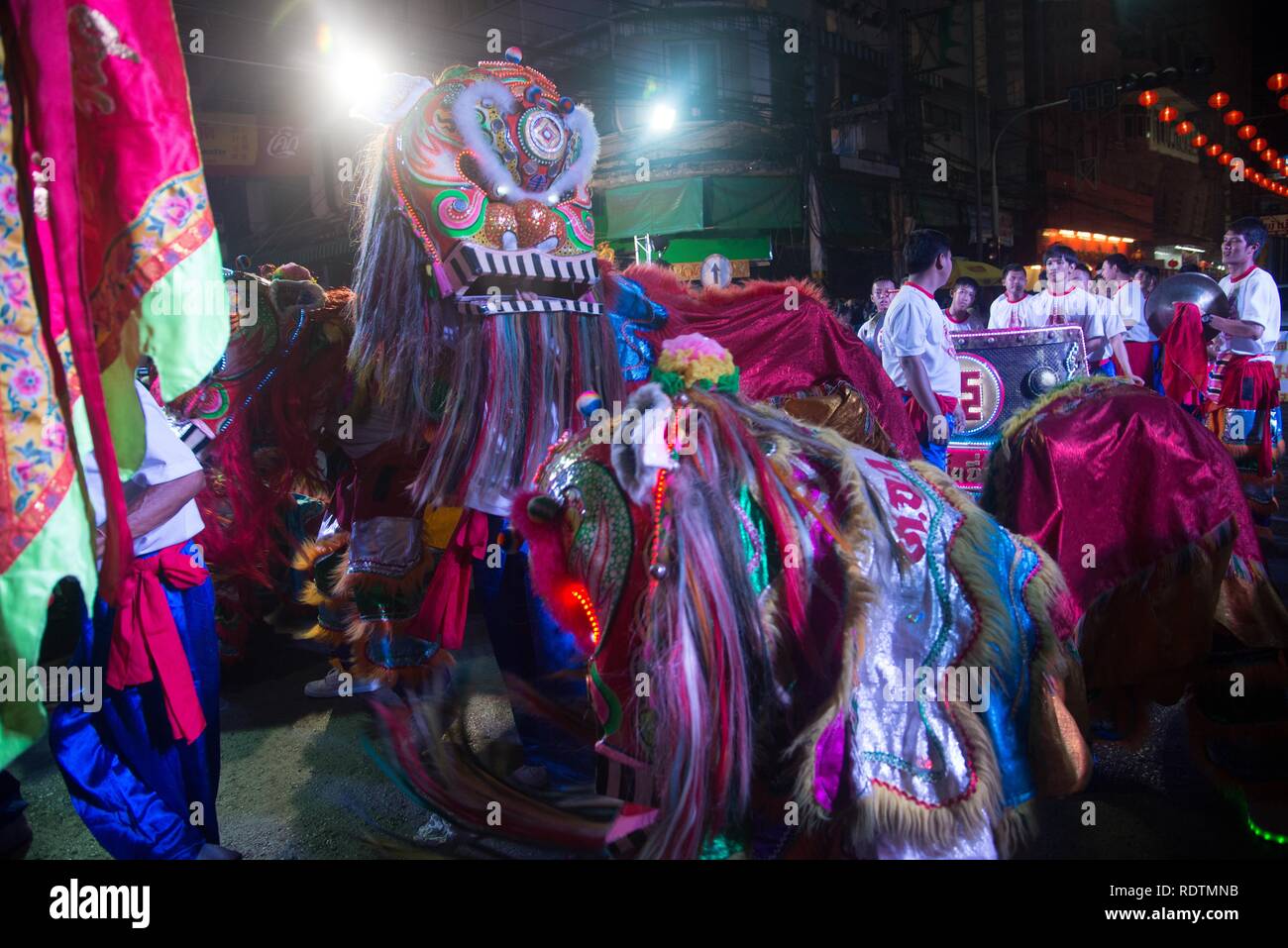 The Hainan tiger is parade dancing at night in Chinese New Year ...