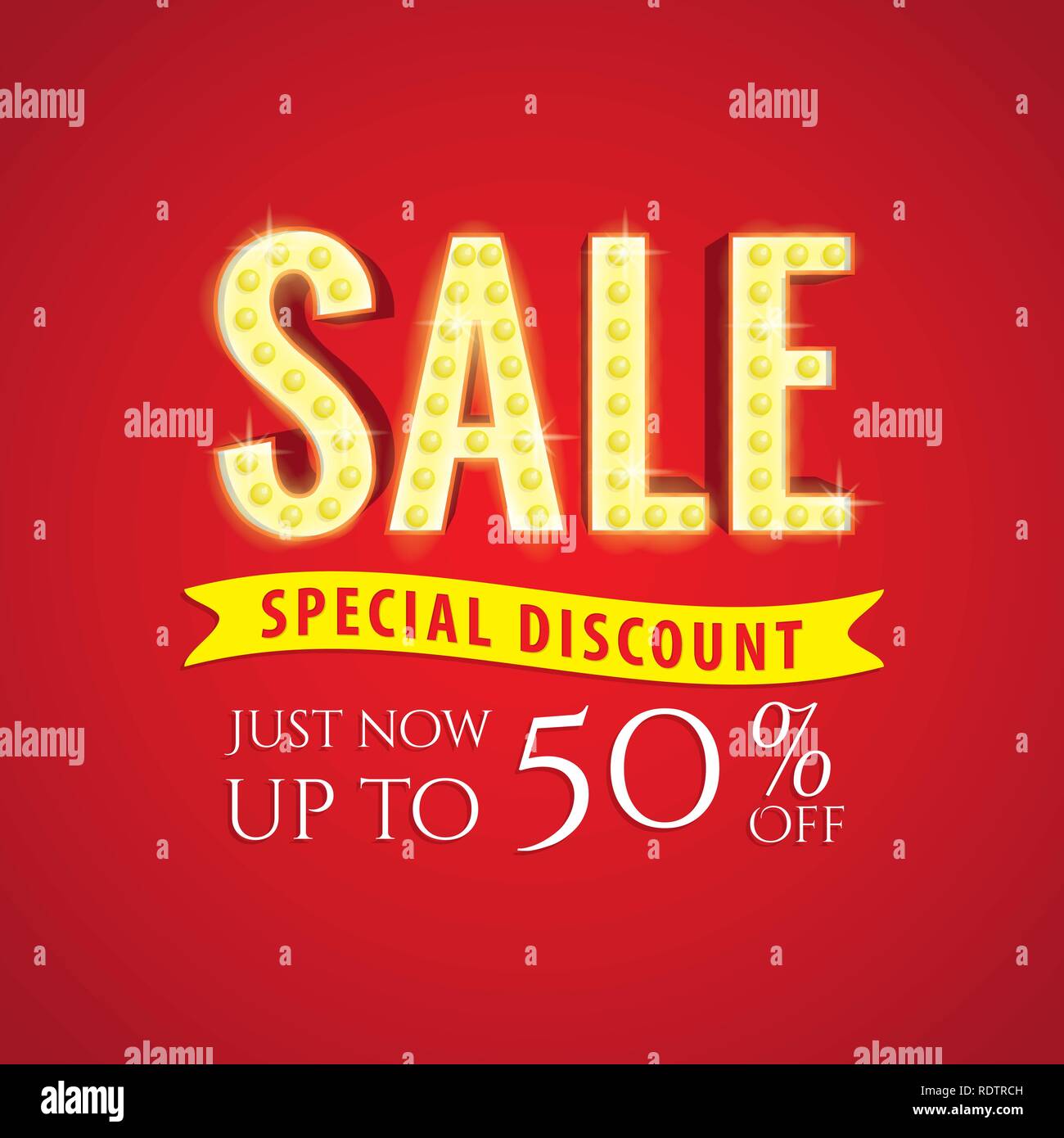 Light neon sale 50 percent sign heading design for banner or poster ...