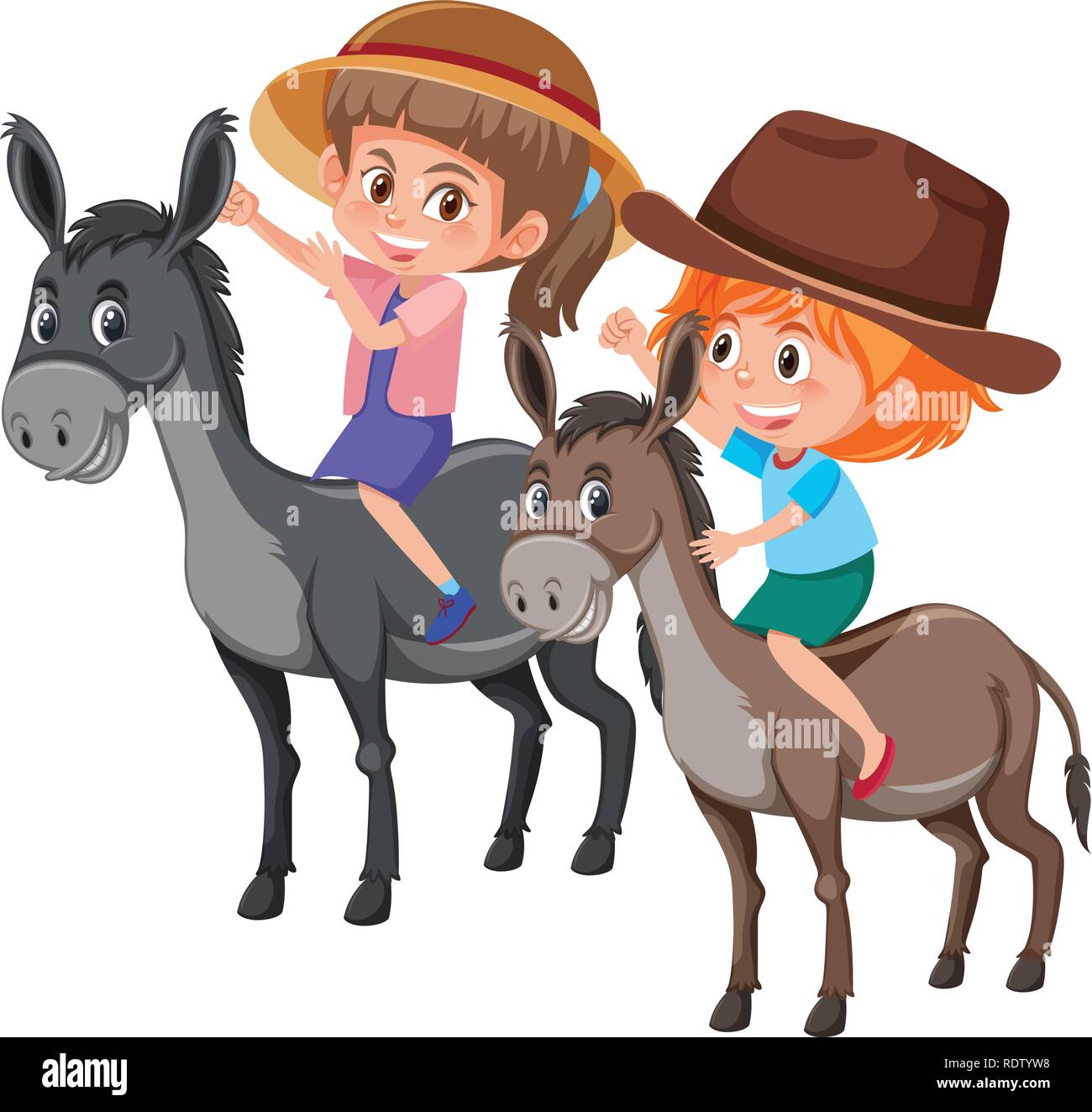 Children riding donkey on white background illustration Stock Vector ...