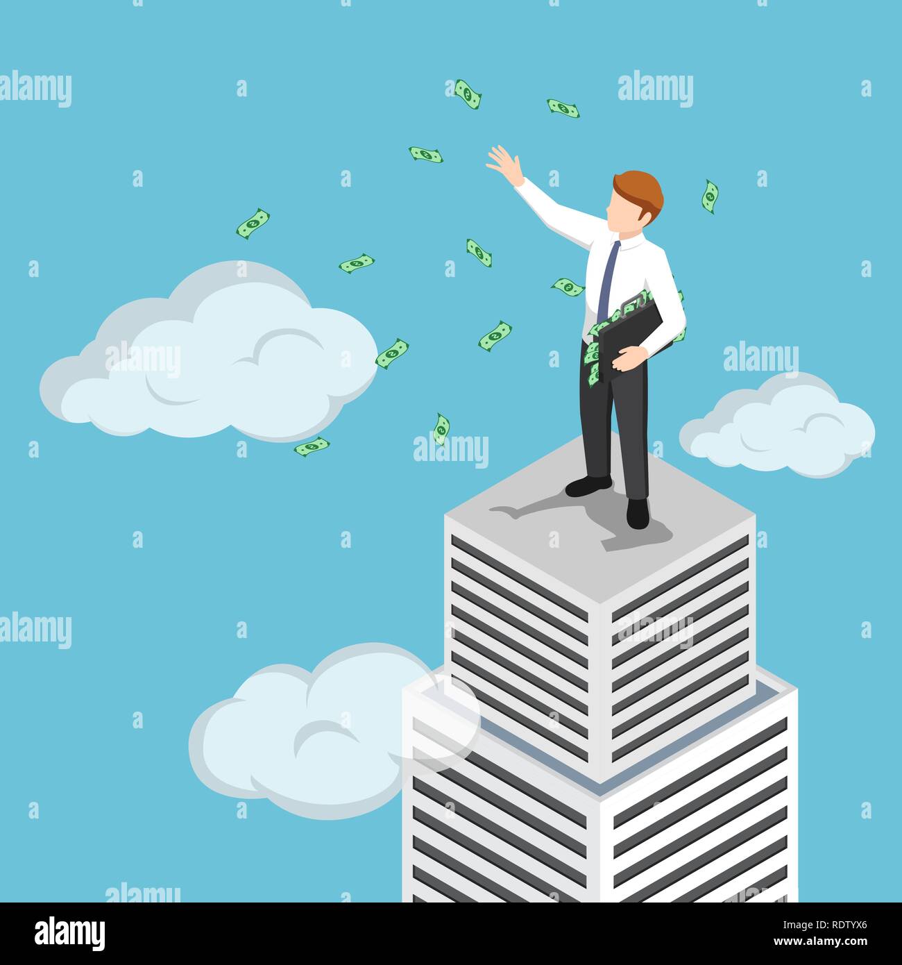 Flat 3d isometric billionaire businessman at the top of skyscraper ...
