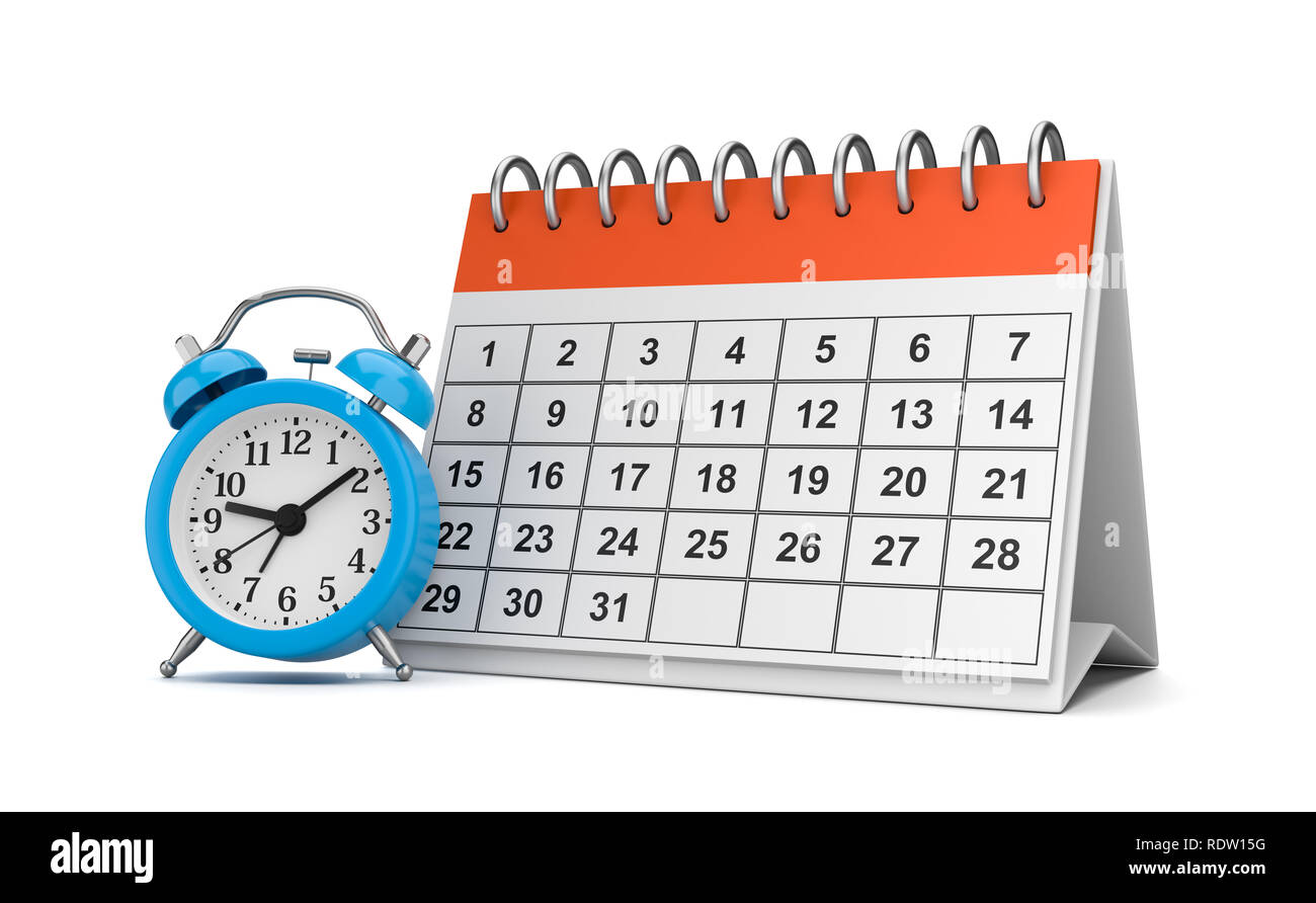 Orange and White Desk Calendar with Blue Alarm Clock on White ...