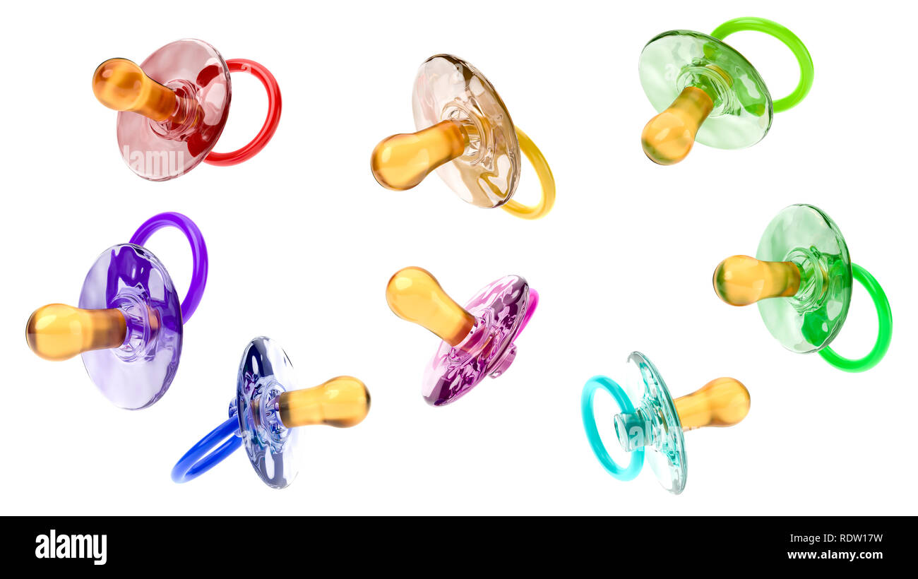 Colorful Baby's Pacifiers Isolated on White Background, 3D Illustration ...