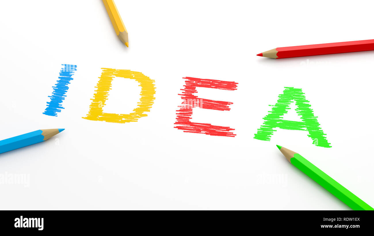 Idea Word Text with Colorful Wooden Pencils on White Background 3D ...