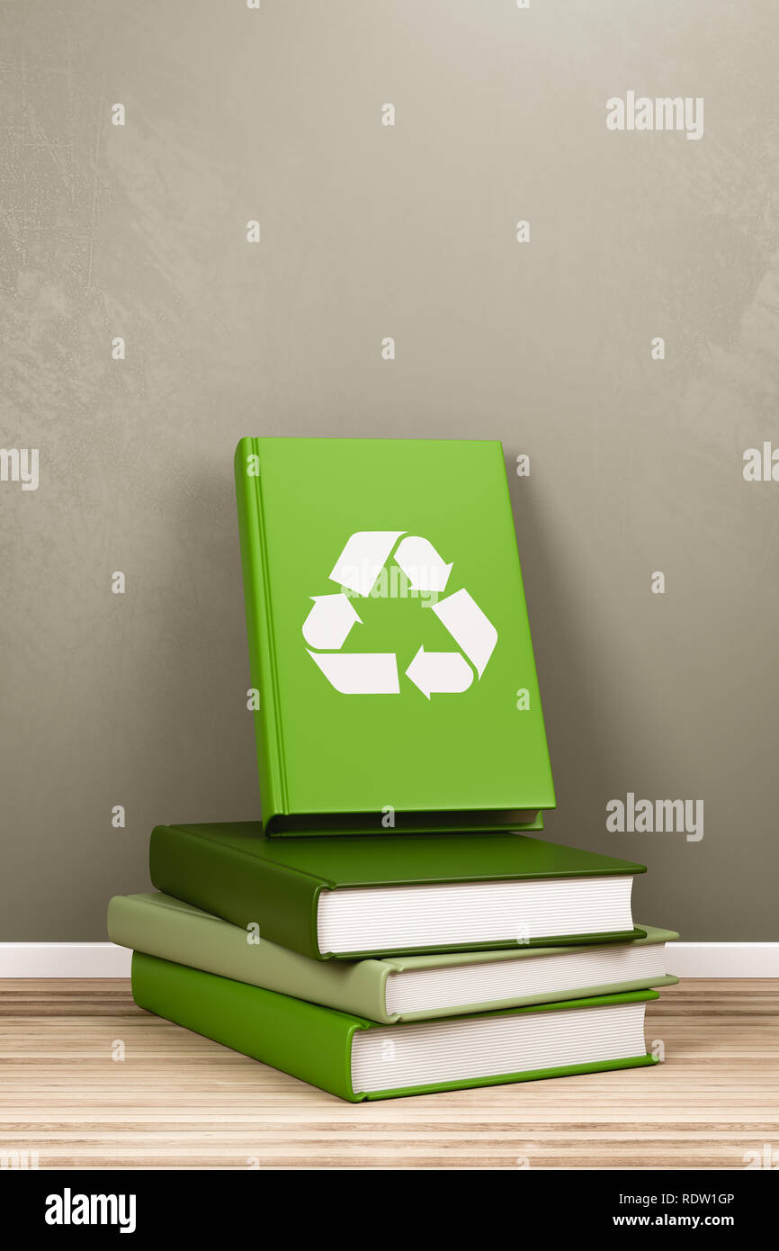 Book with Recycle Symbol on the Cover on top of a Pile of Green Books ...