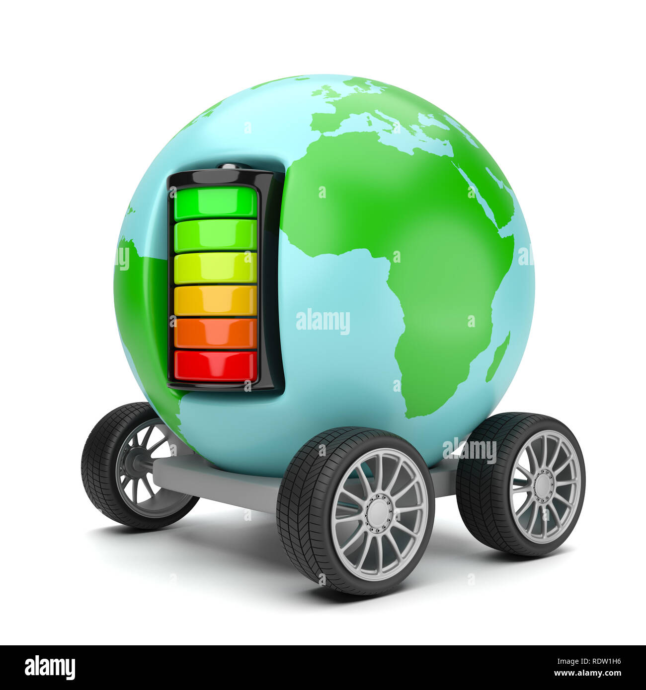 Earth Planet with Wheels Powered by an Electric Battery on White ...