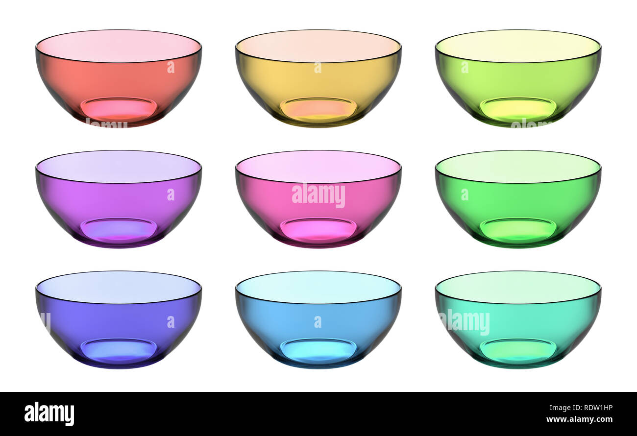 Empty Colorful Glass Bowl Collection Isolated on White Background 3D ...