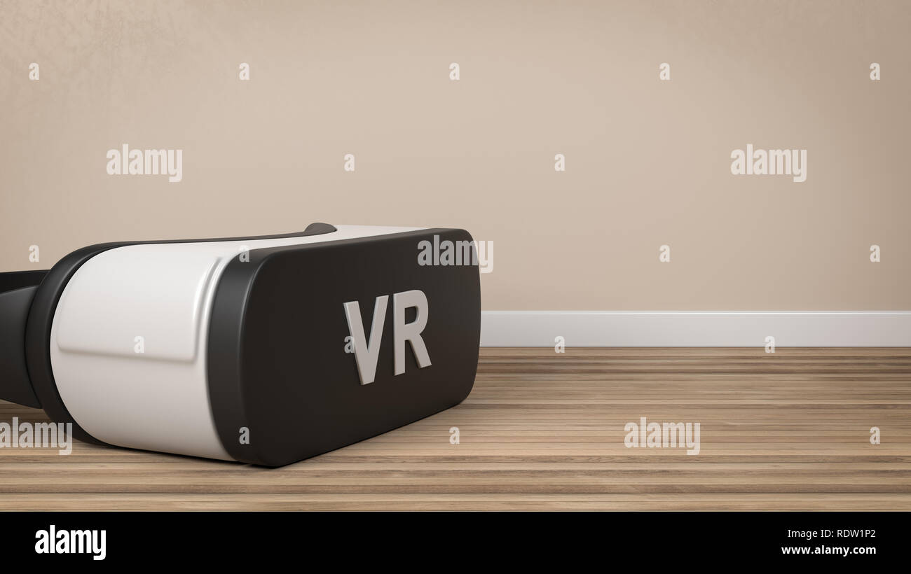 Black and White VR Virtual Reality Headset on Wooden Floor in the Room ...