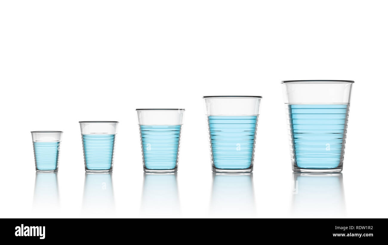 Set of Five, Increasing Size, Transparent Plastic Cups with Blue Water ...