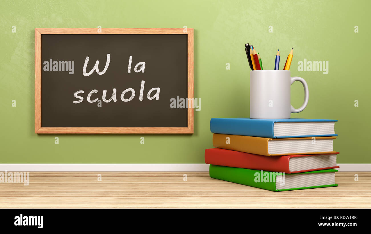 Stationery on Stack of Books and Blackboard with "W la scuola" Italian ...