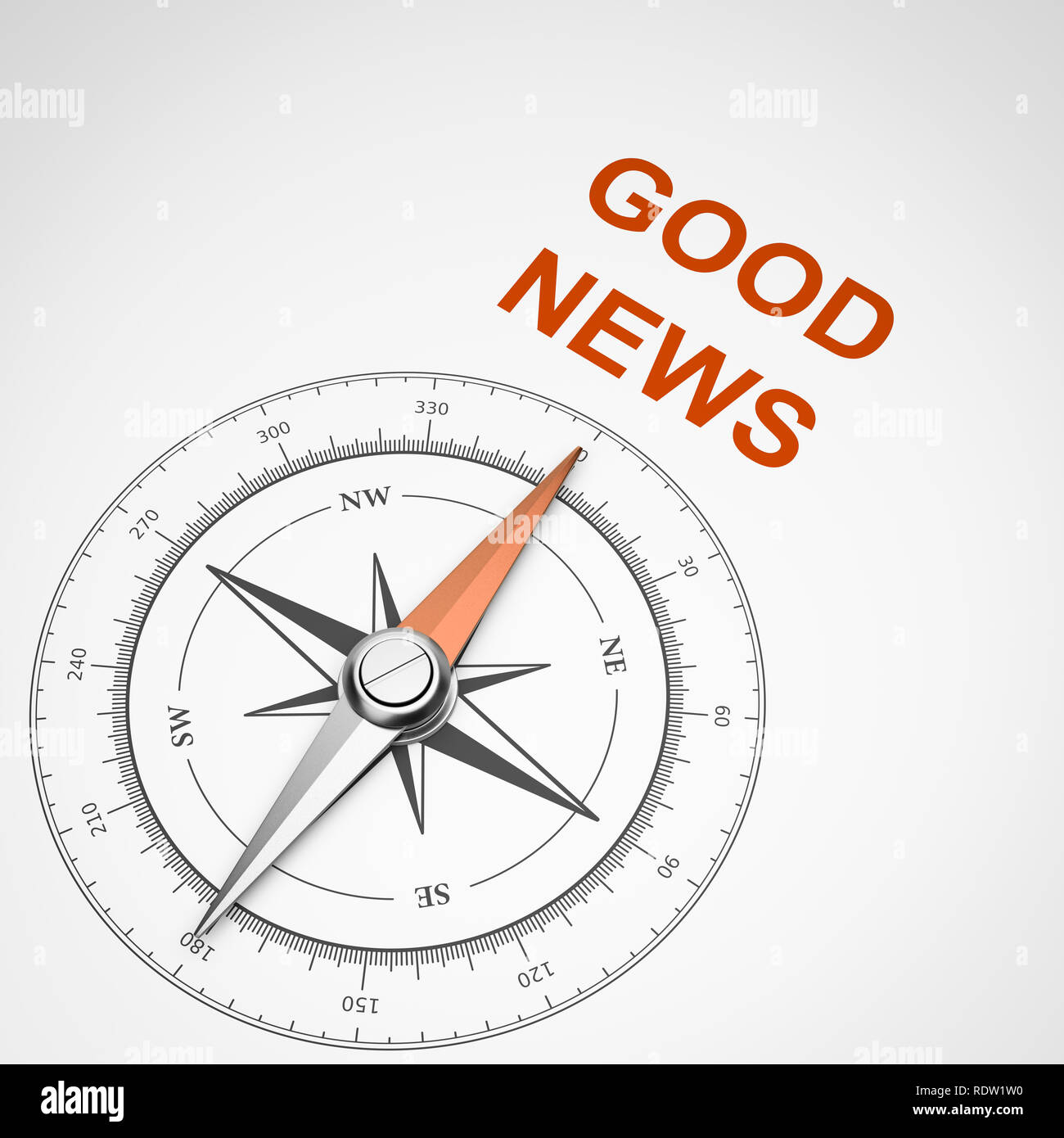 Magnetic Compass with Needle Pointing Orange Good News Text on White ...