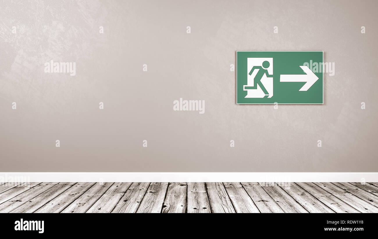 Emergency Exit Sign Against Gray Wall in the Room with Copy Space 3D ...