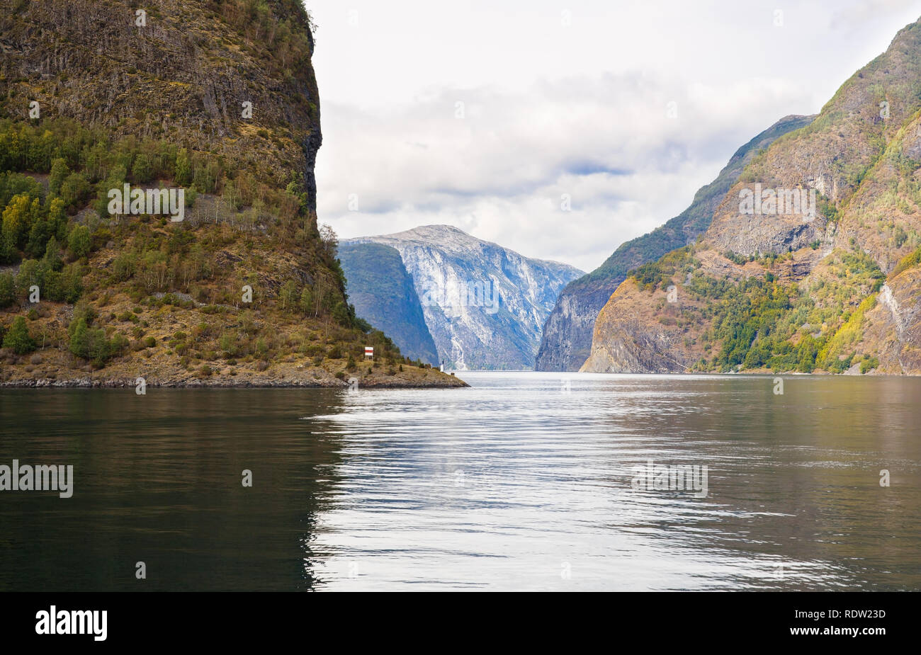 Landscape with Naeroyfjord and high mountains in Norway Stock Photo - Alamy