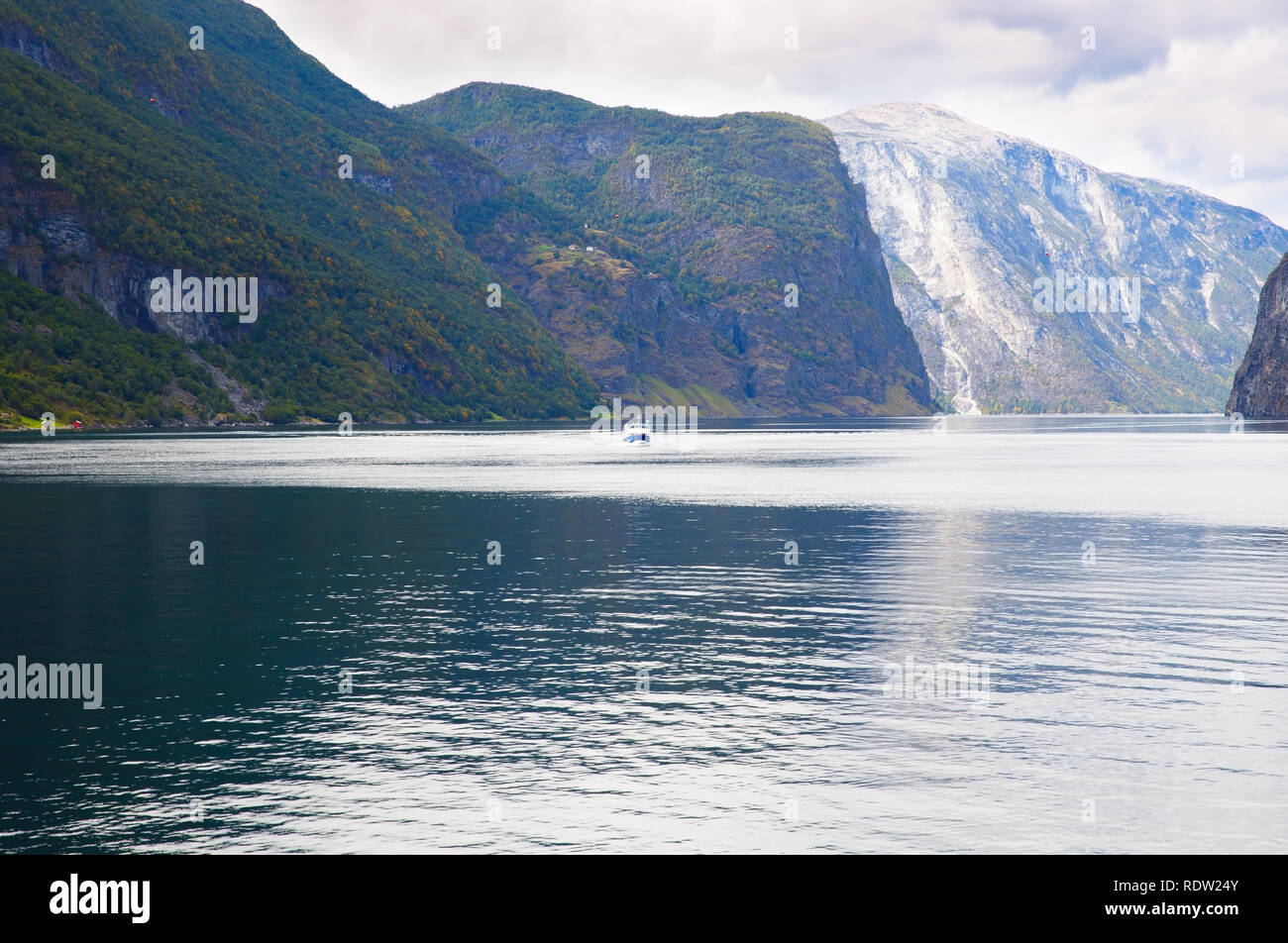 Landscape with Naeroyfjord and high mountains in Norway Stock Photo - Alamy