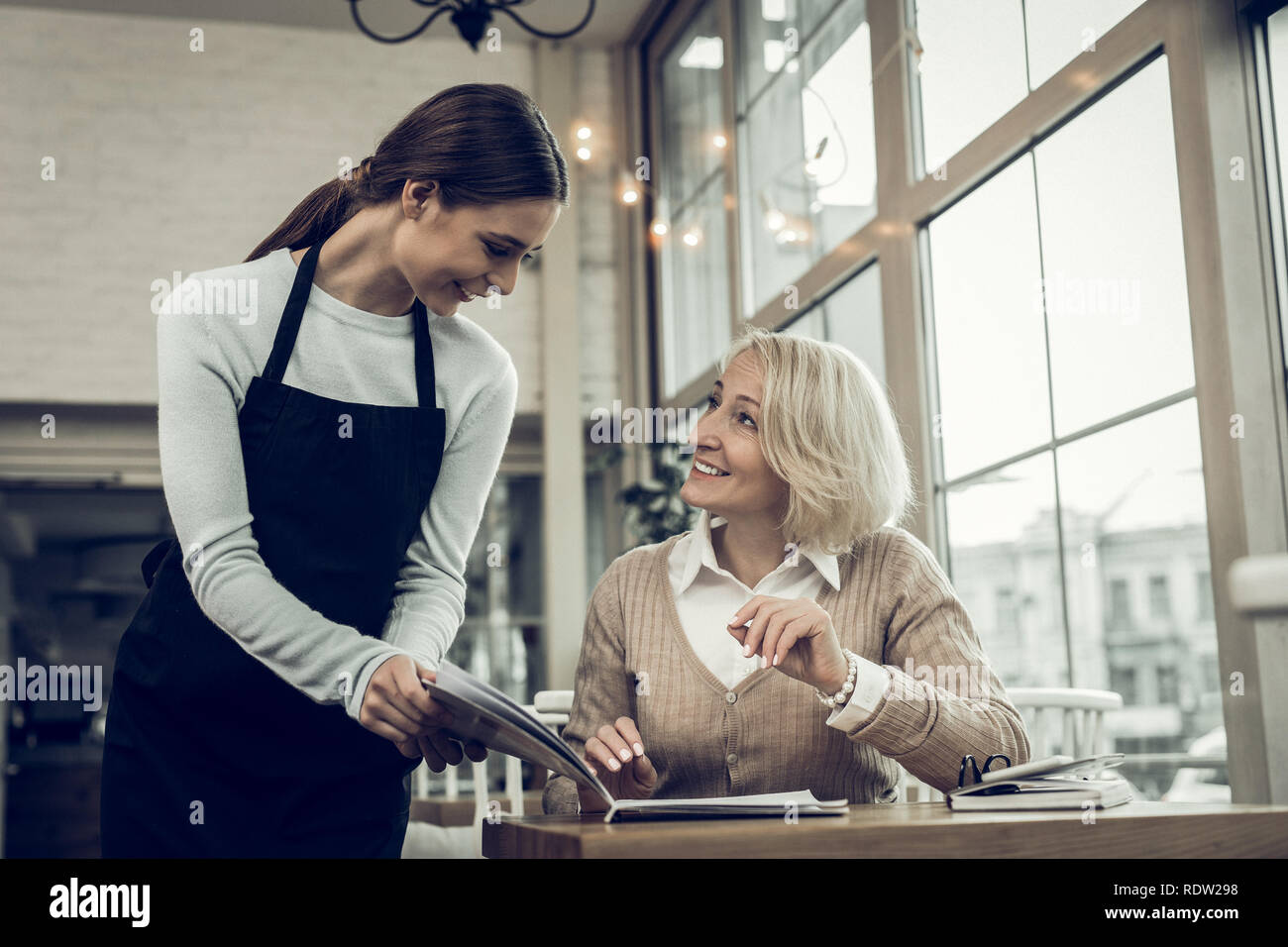 Pleasant appealing young waitress providing service for client Stock ...