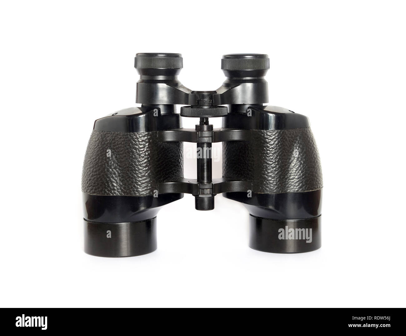 Vintage prism black color binoculars front view isolated on white ...