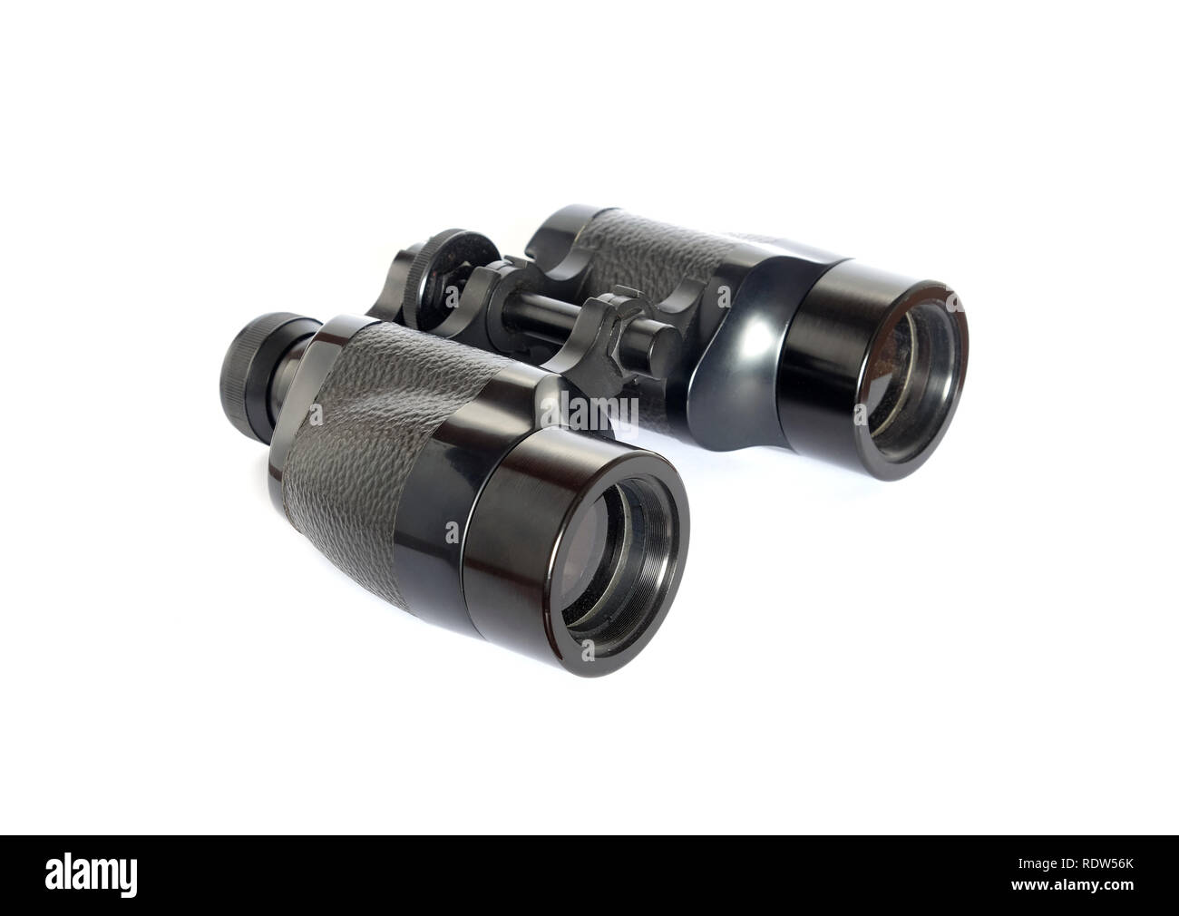Vintage prism black color binoculars front view isolated on white ...
