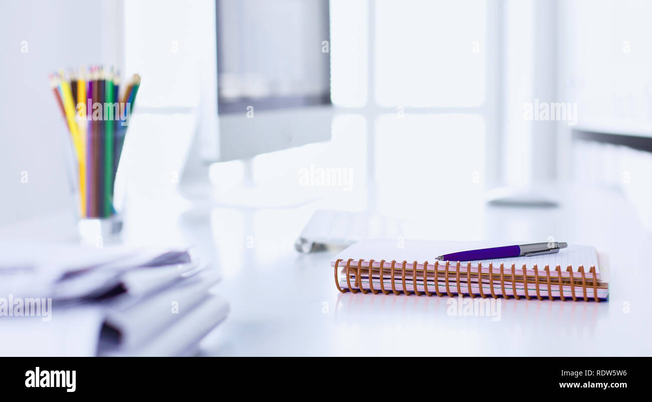 Workspace desktop, documents on the office table Stock Photo - Alamy