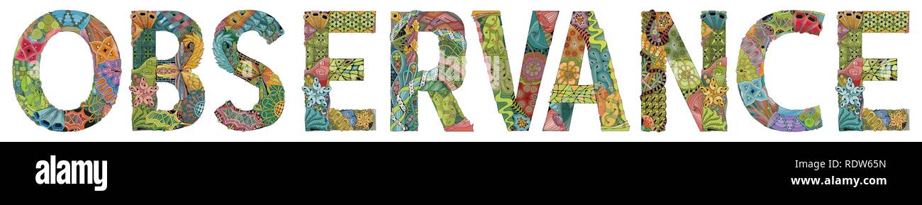 Hand-painted art design. Hand drawn illustration word OBSERVANCE for t ...