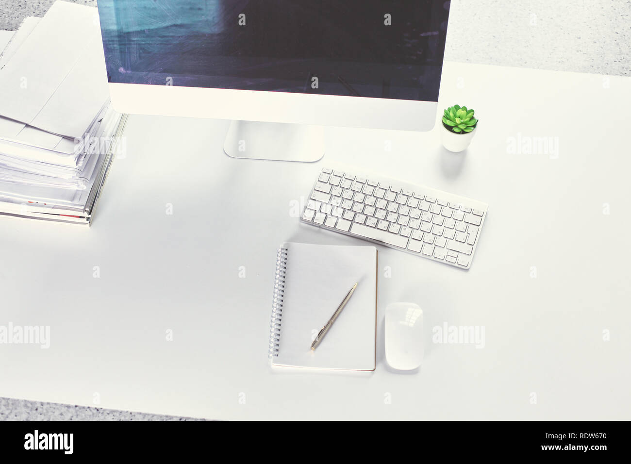 Workspace desktop, documents on the office table Stock Photo - Alamy