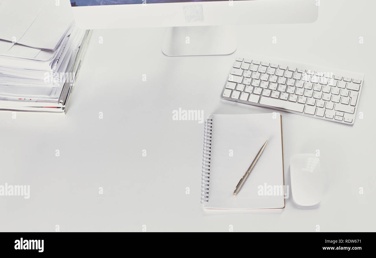 Workspace desktop, documents on the office table Stock Photo - Alamy