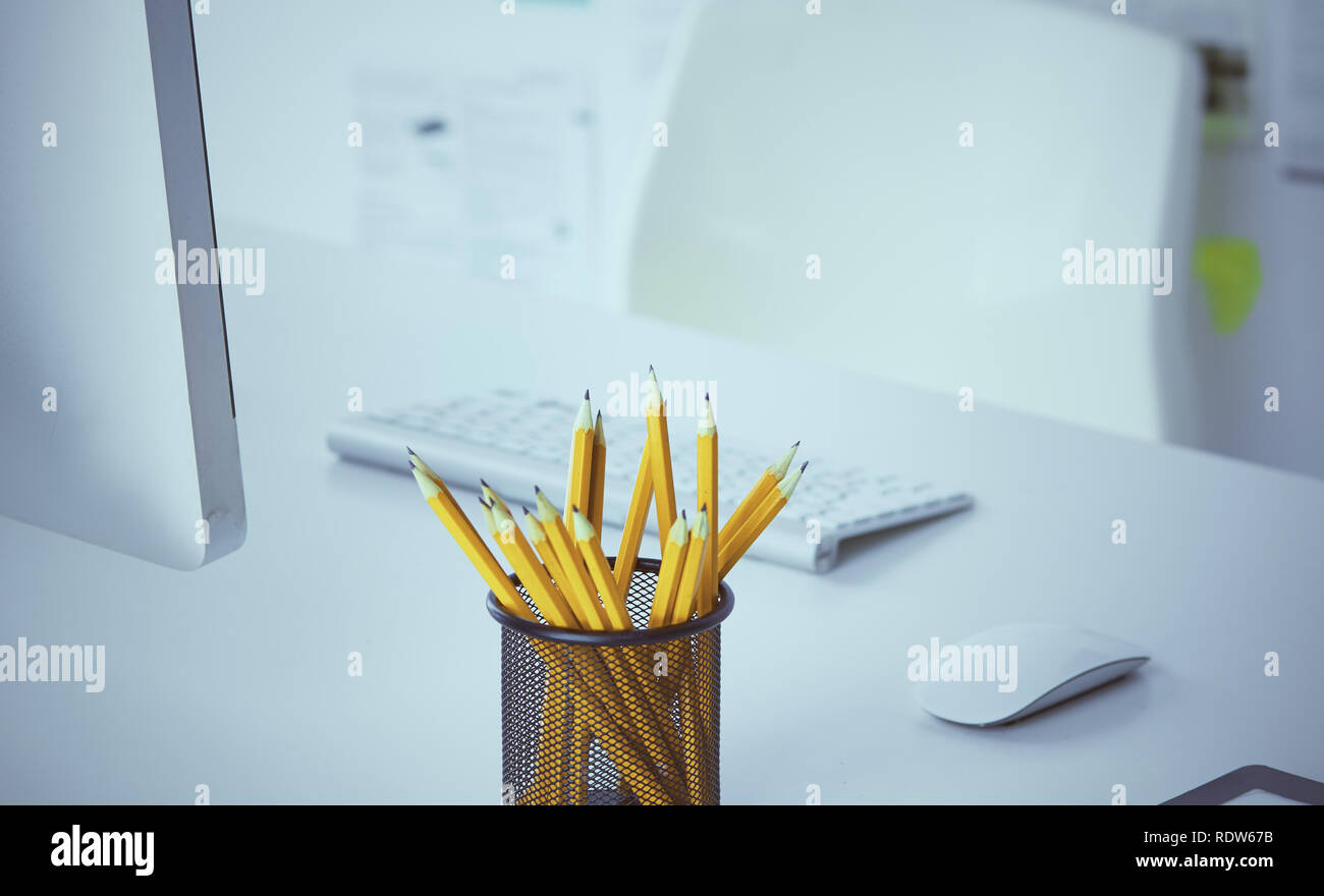 Workspace desktop, documents on the office table Stock Photo - Alamy