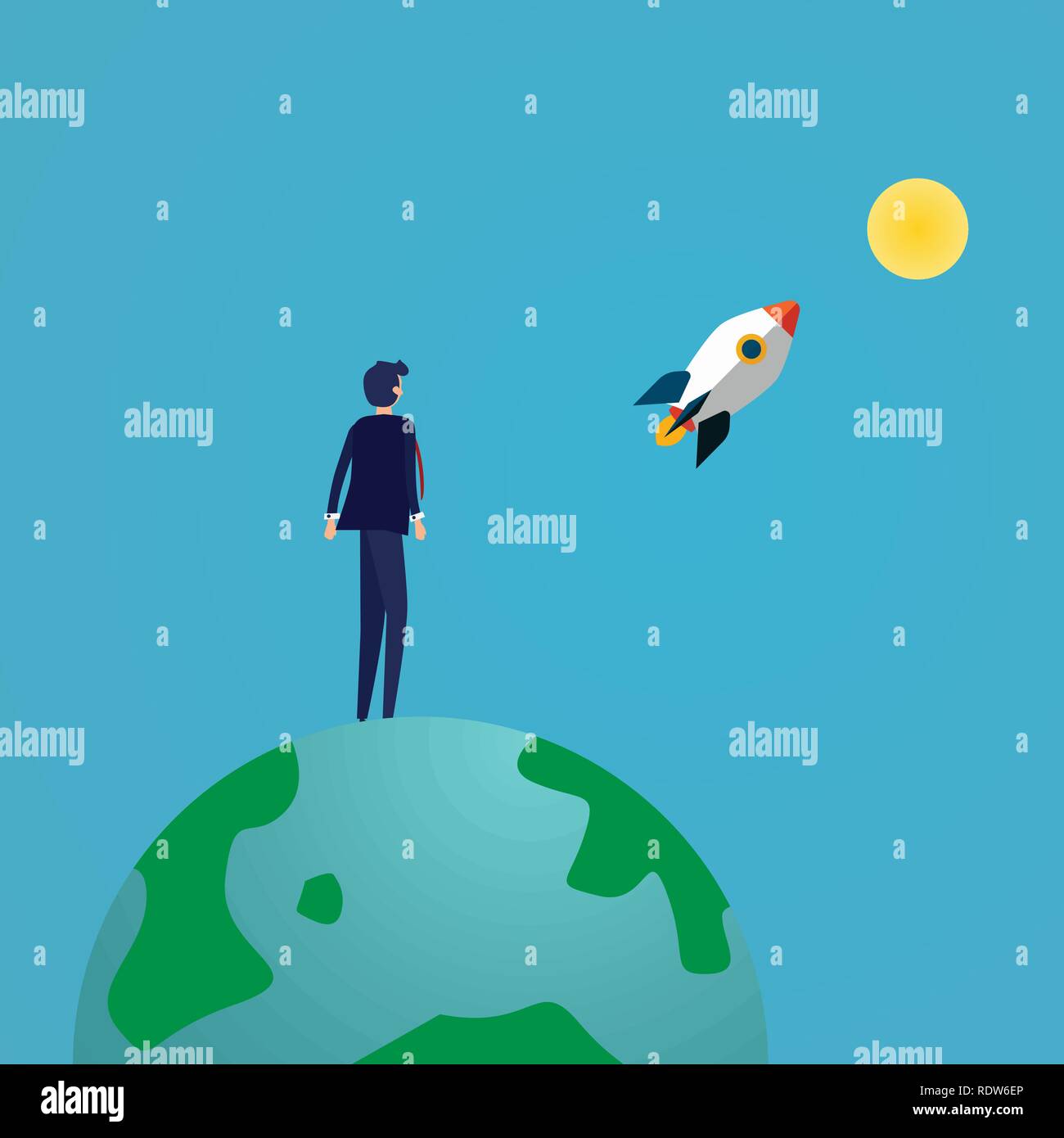 Businessman looking rocket launching to the moon on top of the eco ...