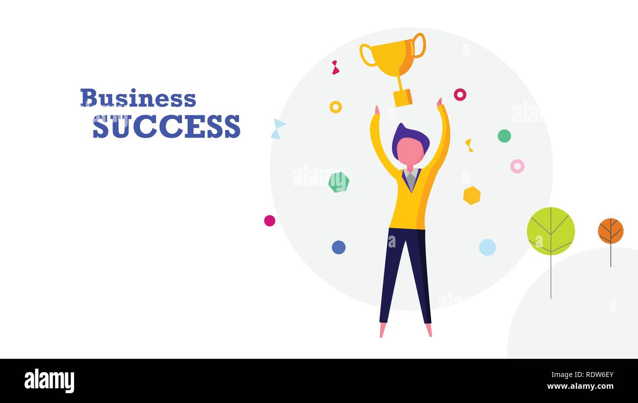 Business success flat design background. Happy human throwing golden ...