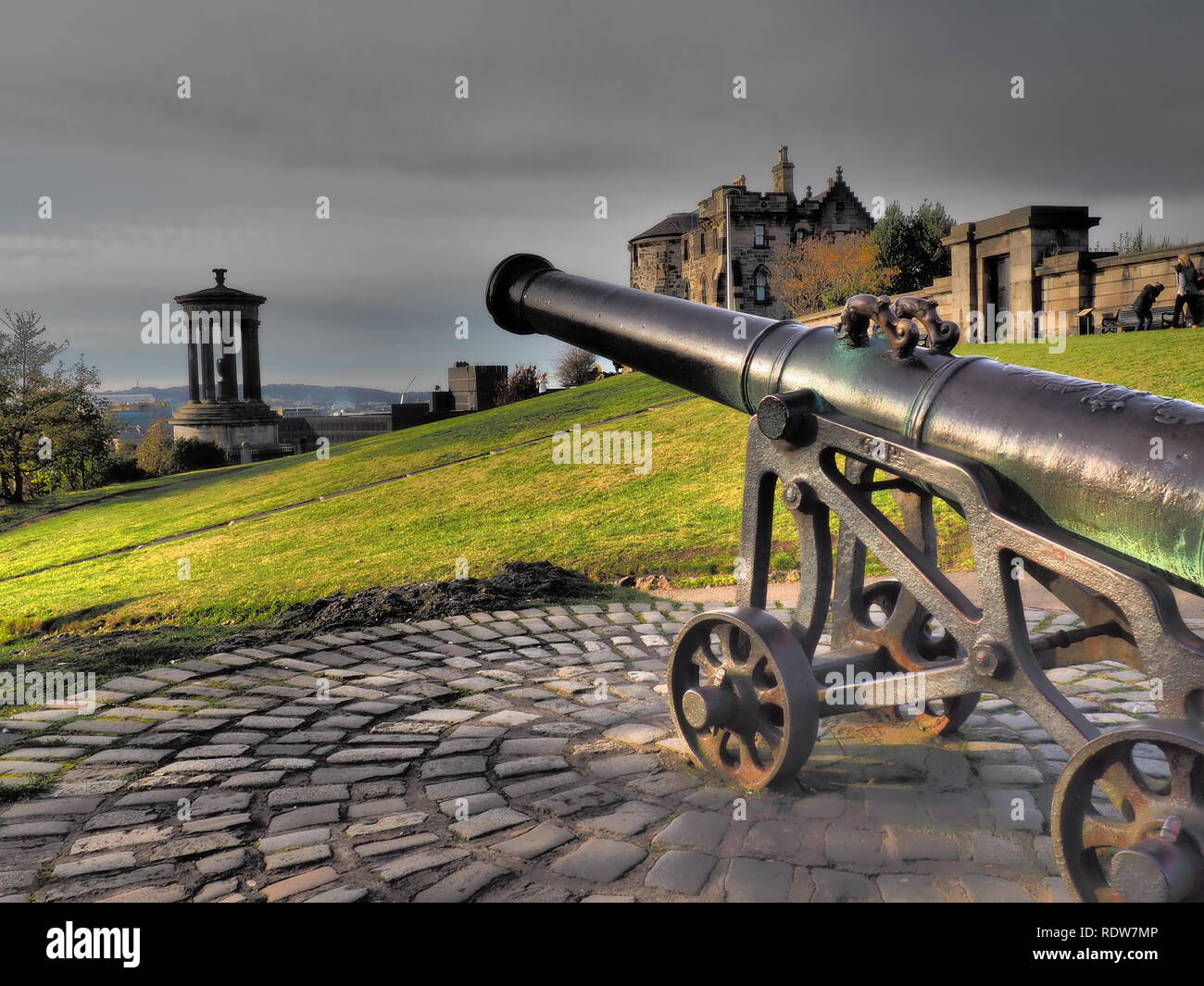 Cannon on Calton Hill with Dugald Stewart monument in the back ground ...