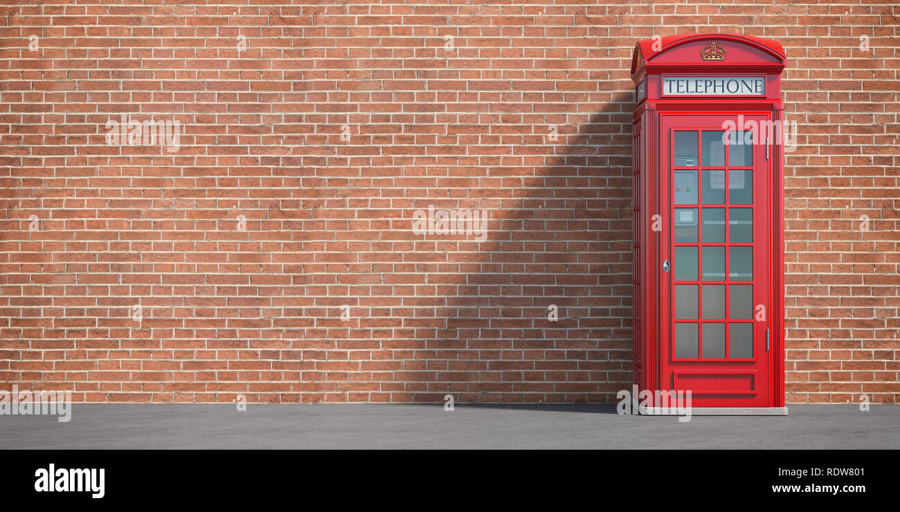 Red phone booth on brick wall background. London, british and english ...