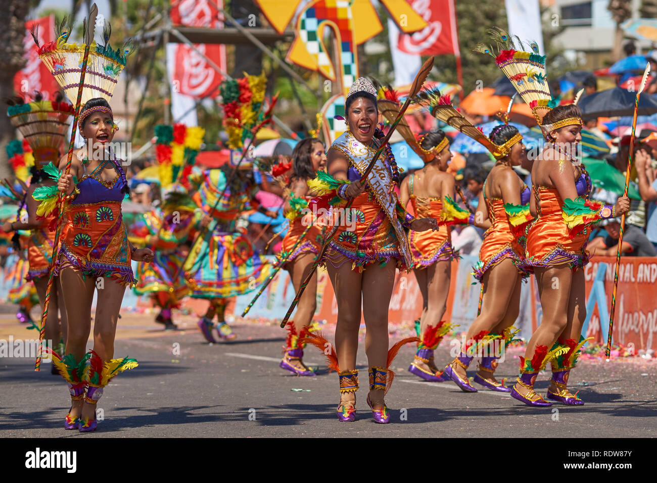 Tobas dance group in traditional Andean costumes performing at the ...