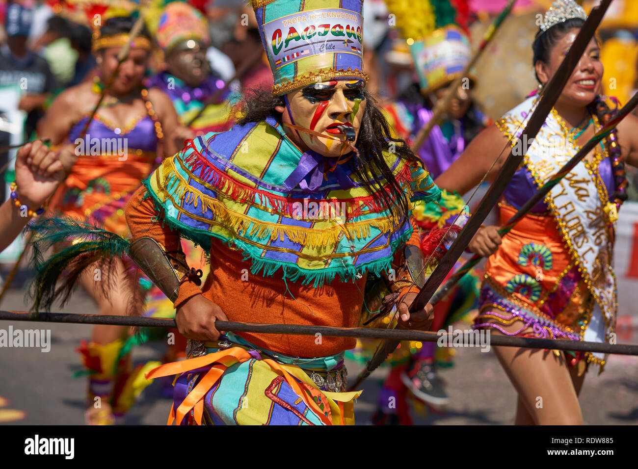 Tobas dance group in traditional Andean costumes performing at the ...