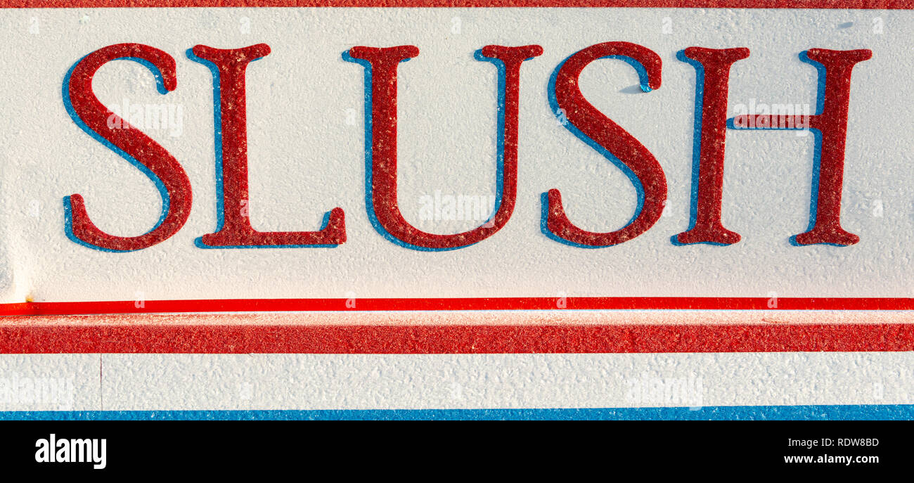 word slush written in red blue and white and covered in frost Stock ...