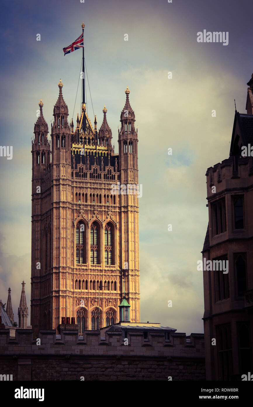 British flag waving on top of the Victoria Tower at the Westminster ...