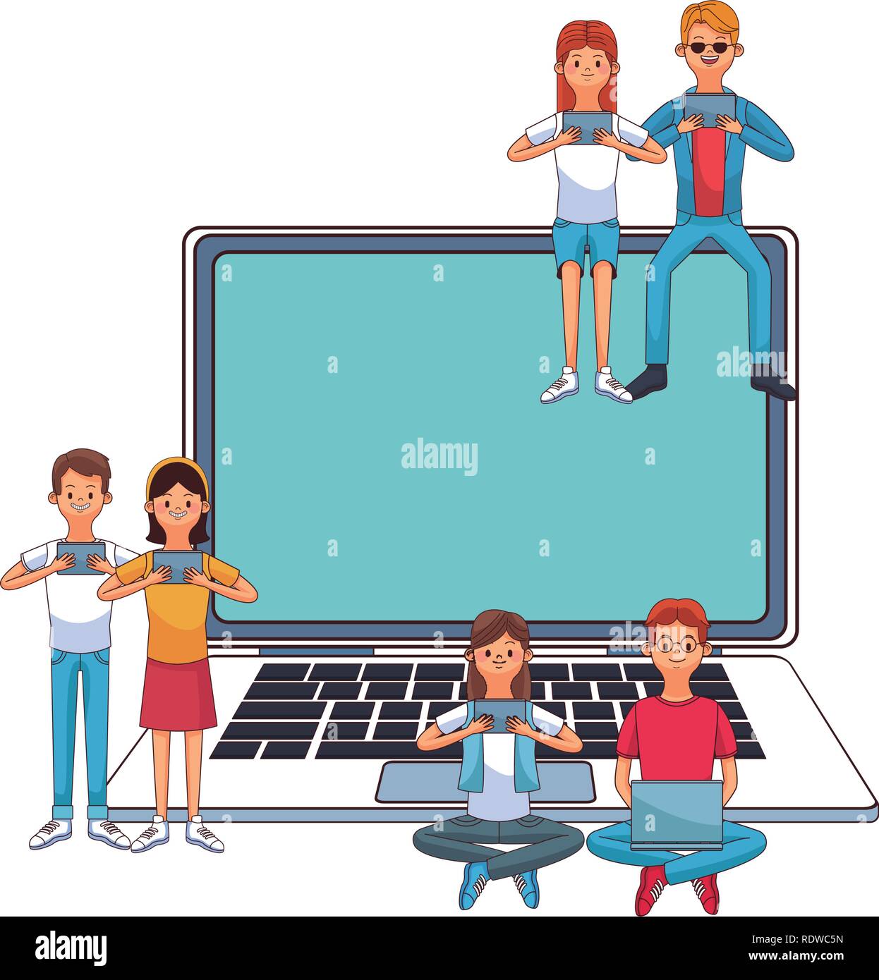 Happy laptop man woman group friendship Stock Vector Images - Alamy