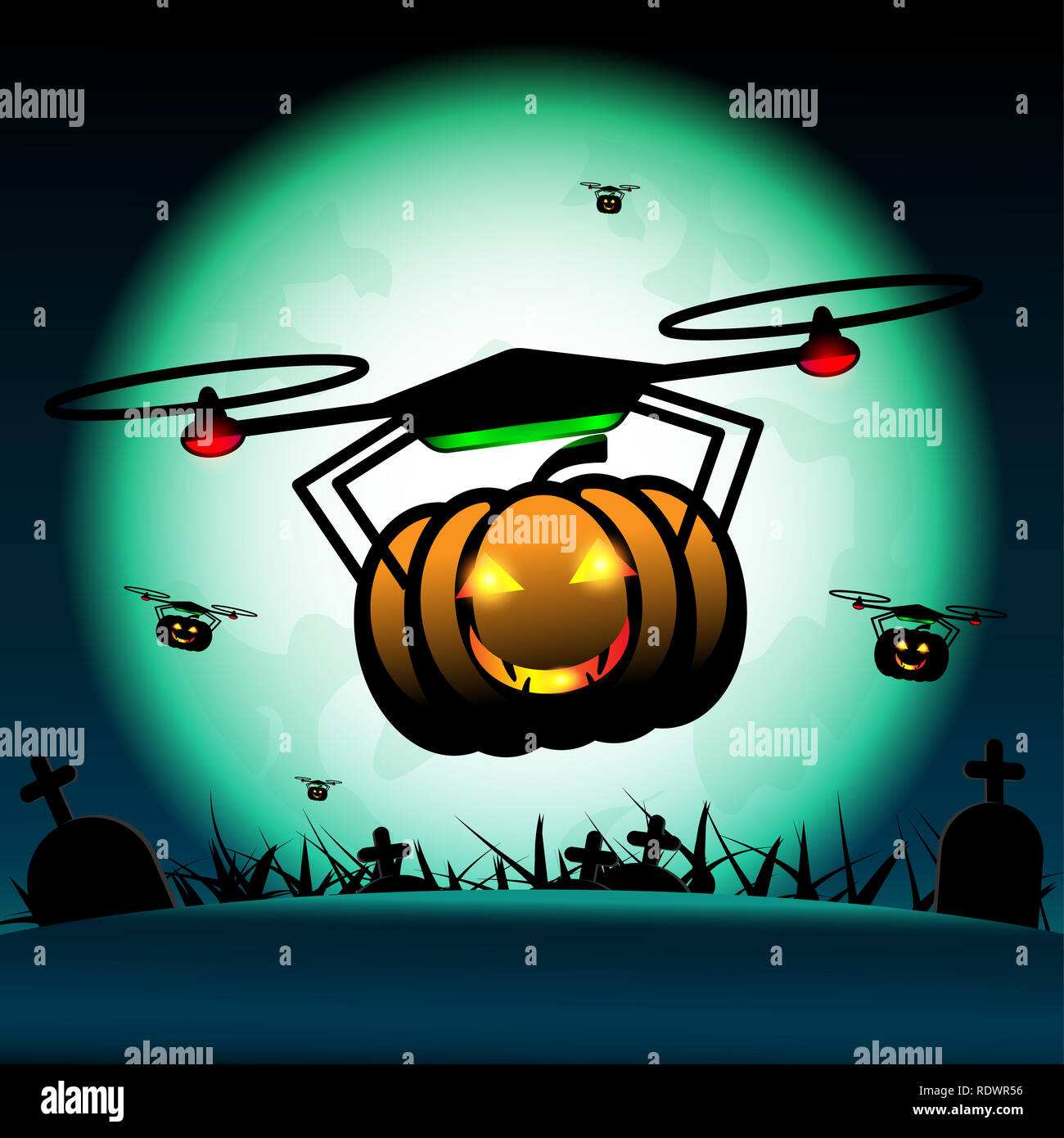 Vector pumpkin halloween drones fly on halloween. Full-moon above ...