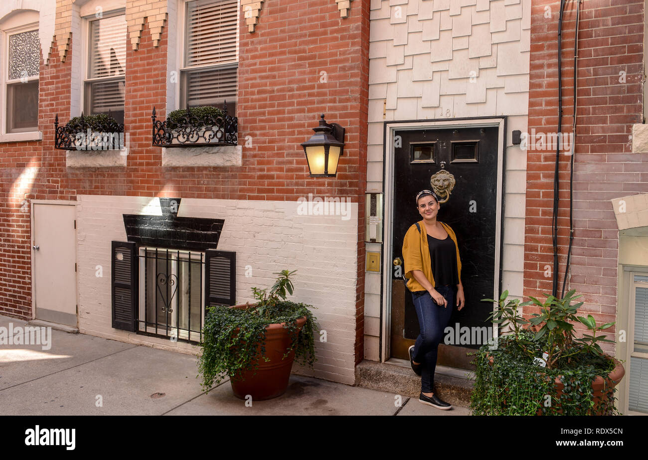 Young woman posing in the down town Boston amazing street doors Stock ...