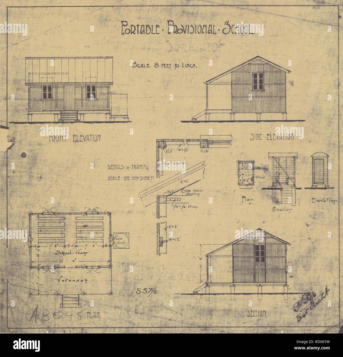 Architectural drawing of a Portable Provisional School, c 1905 Stock ...