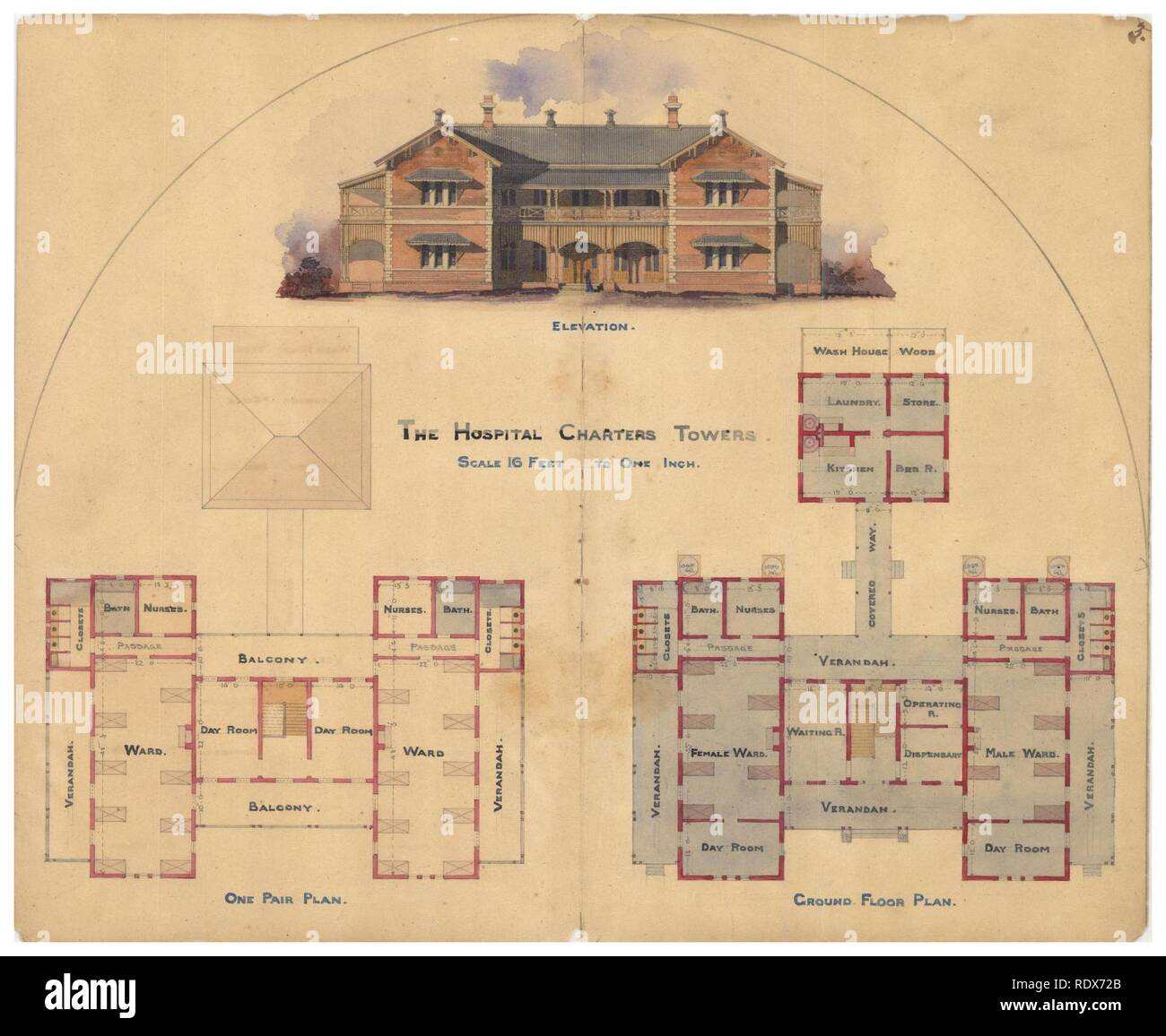 Architectural drawing of the Hospital, Charters Towers, 1887 Stock ...