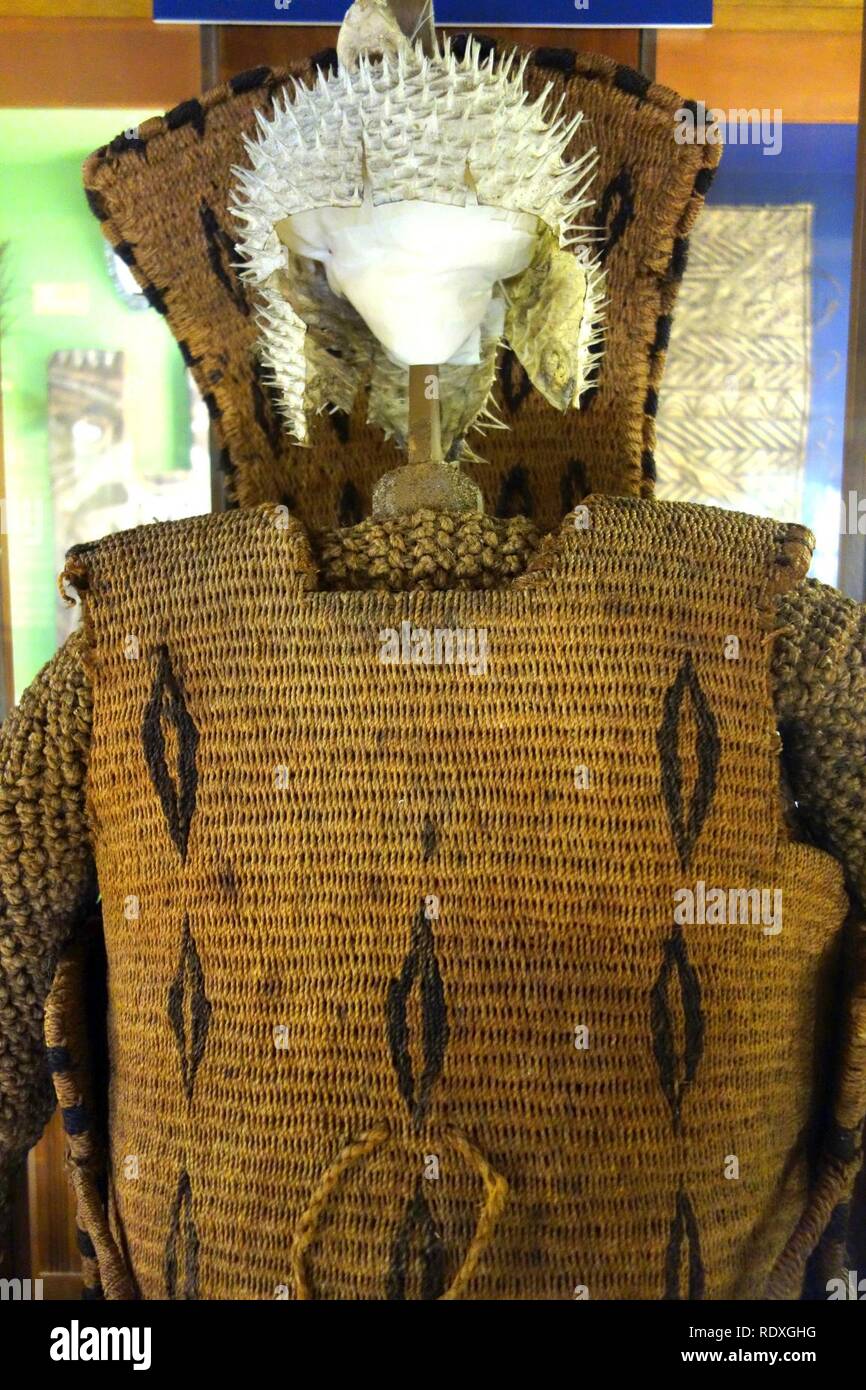 Armor and helmet, Gilbert Islands, late 1800s, woven coconut fiber ...