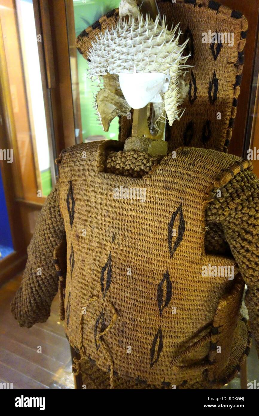 Armor and helmet, Gilbert Islands, late 1800s, woven coconut fiber ...