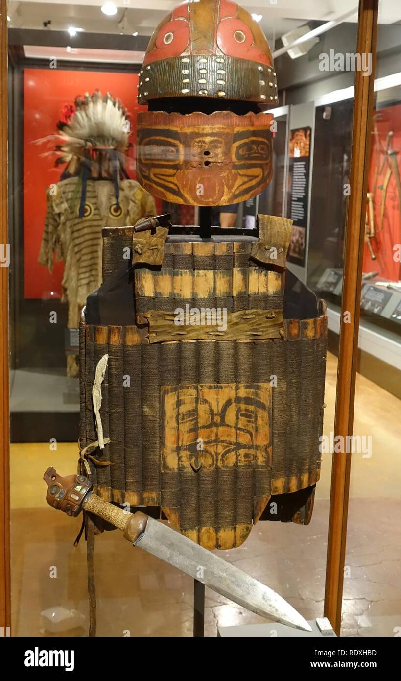 Armor, helmet, visor, and dagger, Tlingit, Alaska, wood, twine, leather ...