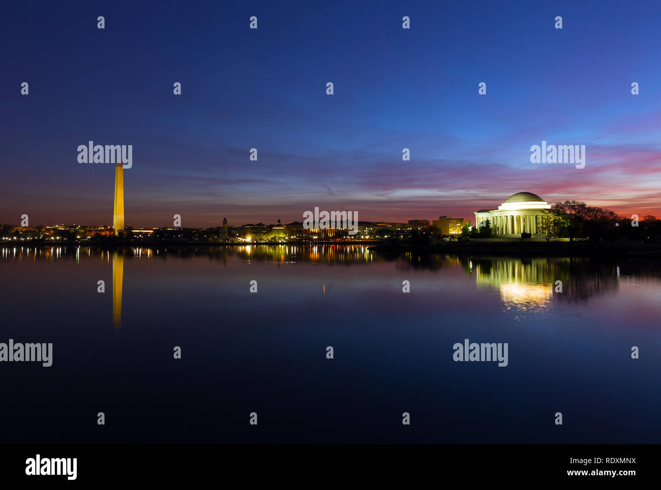 Washington DC panorama around Tidal Basin at dawn during cherry blossom ...
