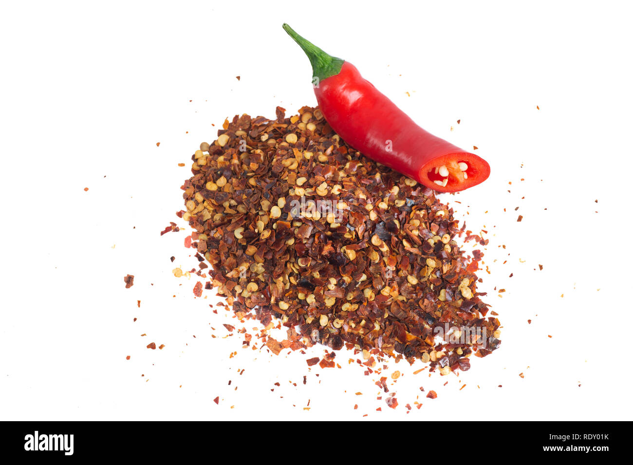 Organic chili fruit and chili flakes isolated on white background Stock ...