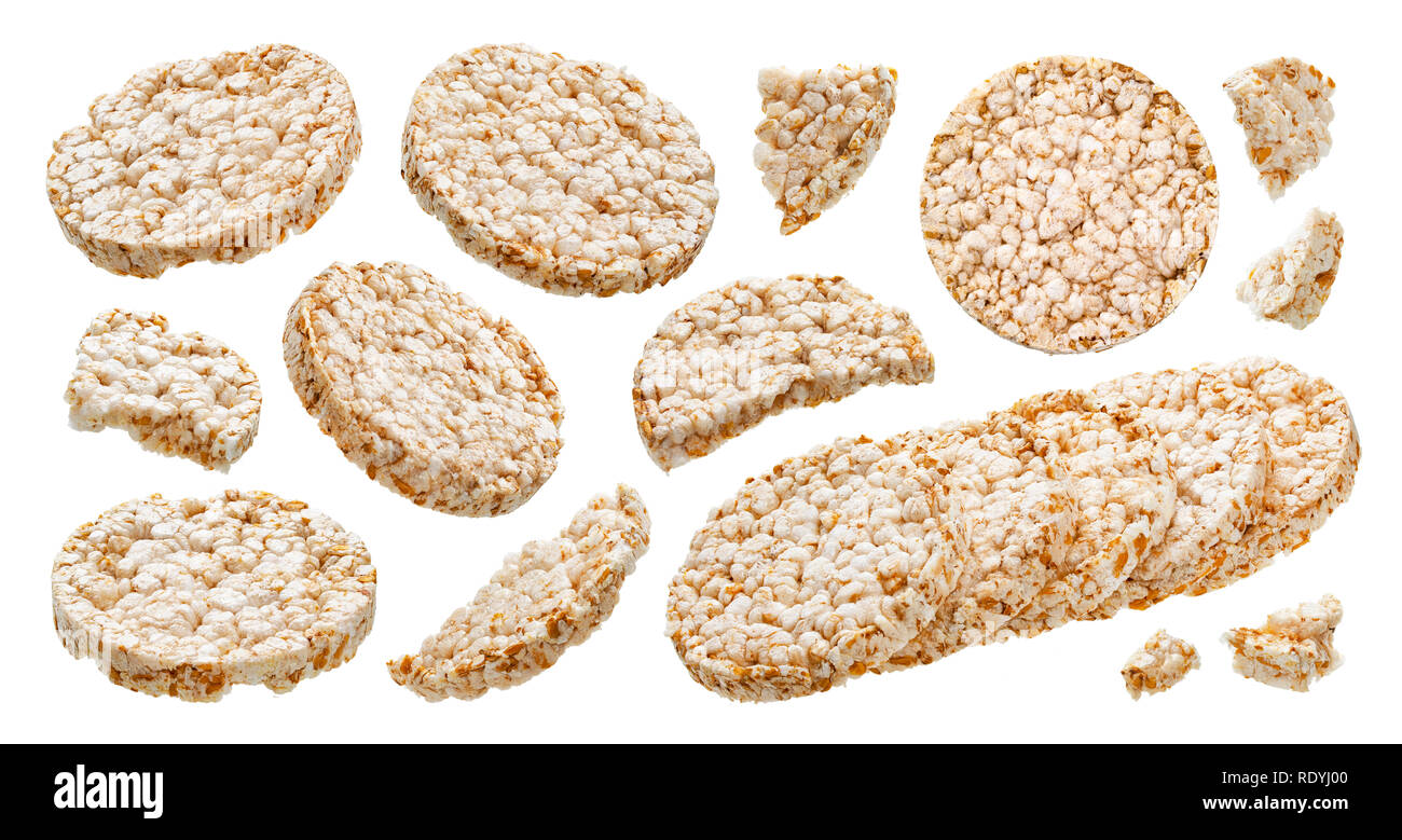 Puffed rice bread isolated on white background, crushed diet crispy ...