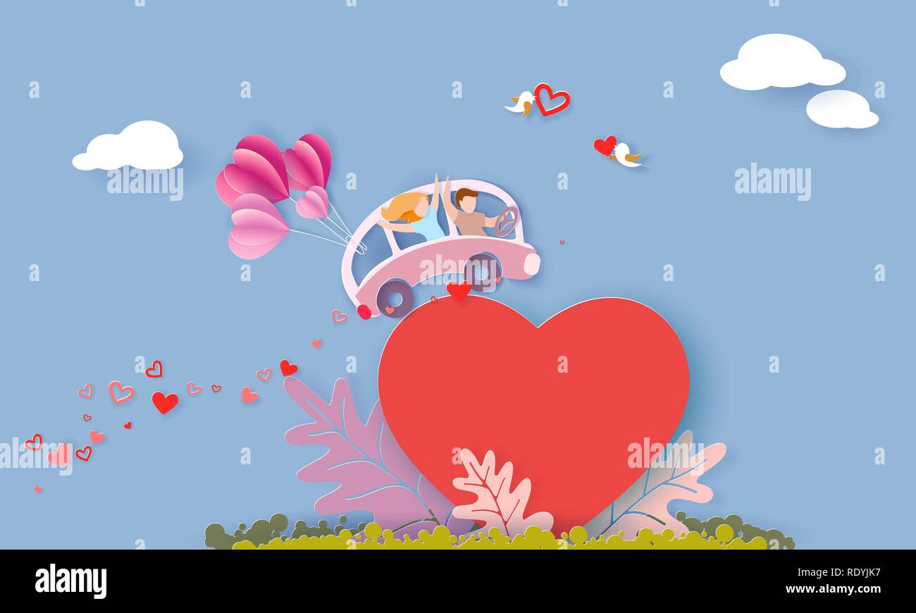 Valentines day card with couple driving pink bus with air balloons over ...