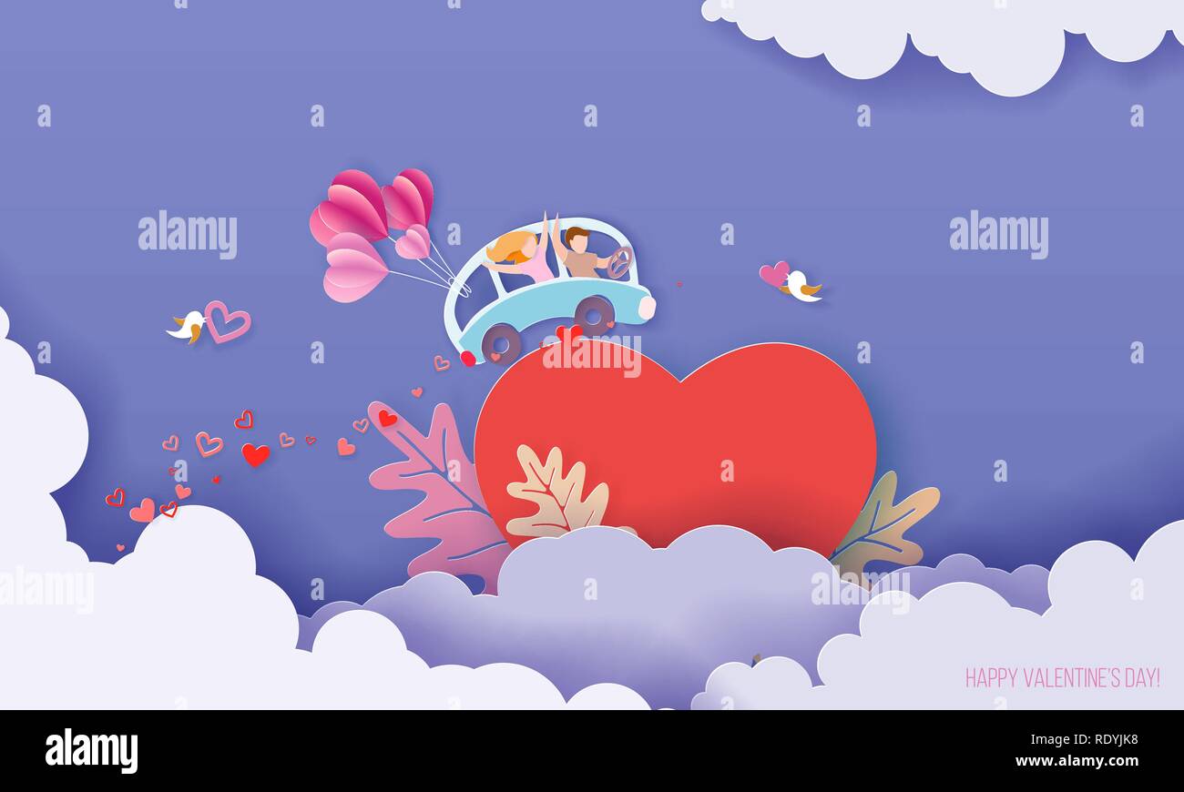 Valentines day card with couple driving blue bus with air balloons over ...
