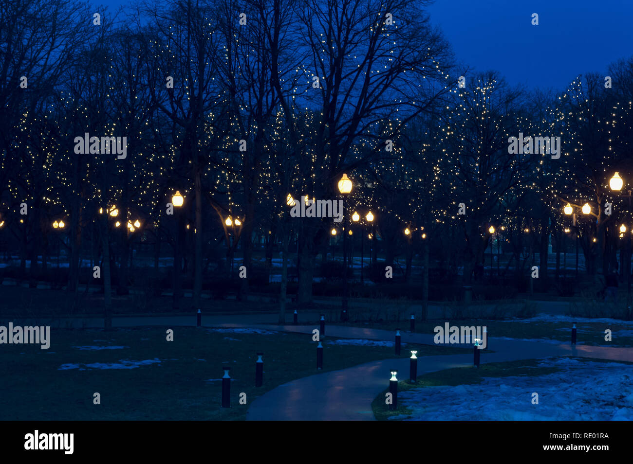 romantic illumination and street lights in park at night Stock Photo ...