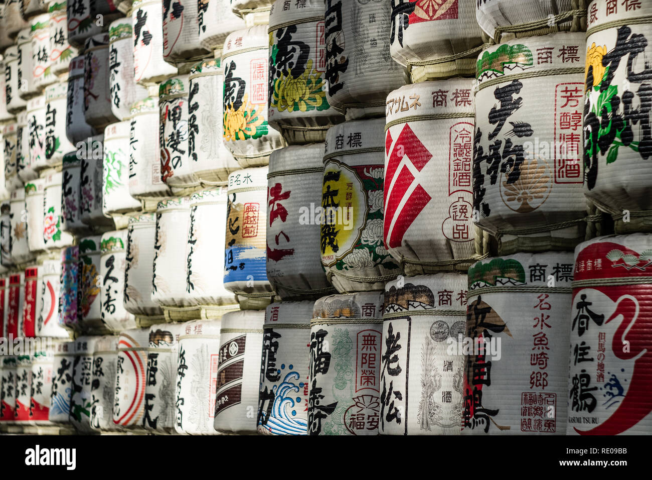 Tokyo, Japan - 17/2/2017: Stacked Japanese sake barrels on the path ...