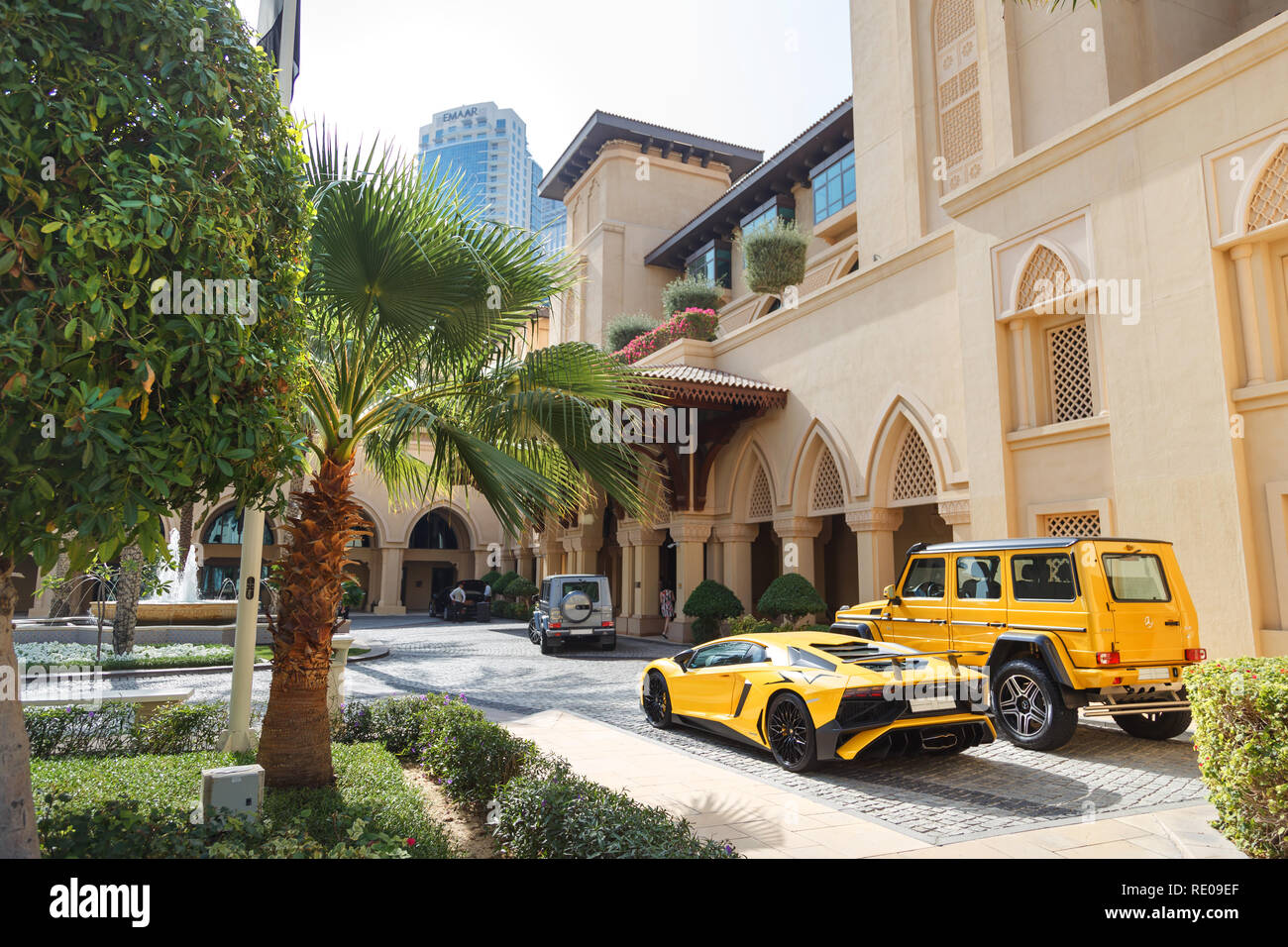 DUBAI, UAE - JANUARY 08, 2019: yellow luxury supercar Lamborghini ...