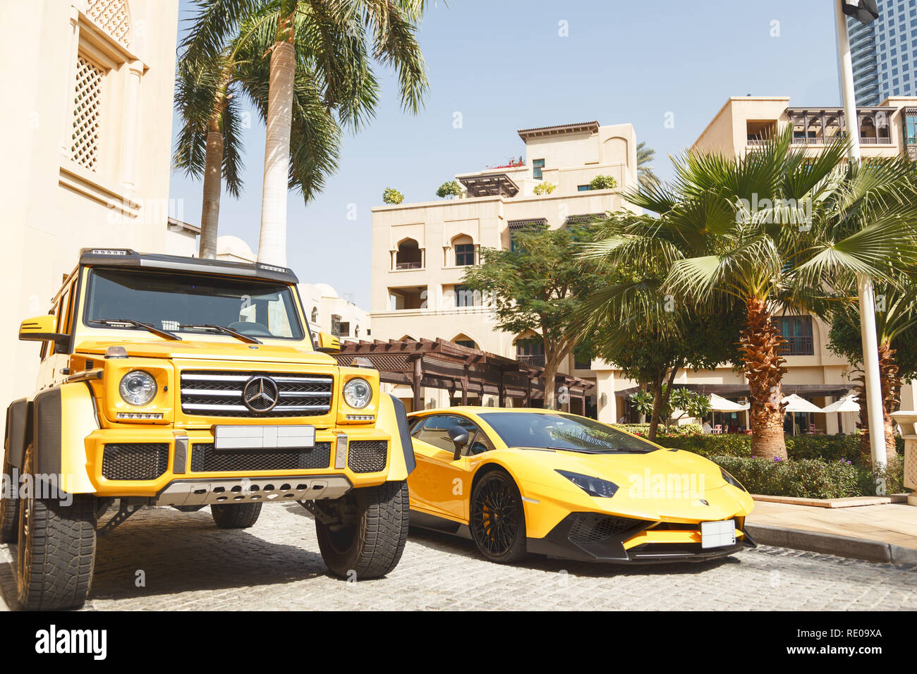 DUBAI, UAE - JANUARY 08, 2019: yellow luxury supercar Lamborghini ...